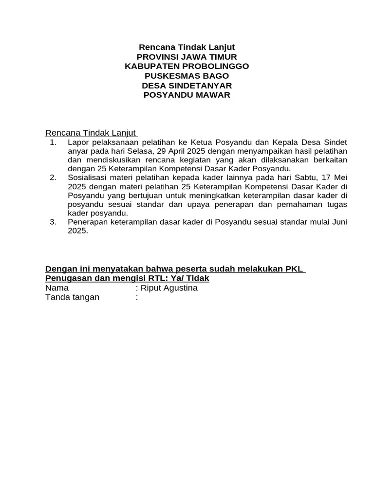 Formulir RTL Peserta Keterampilan Dasar Kader PKM Bago | PDF