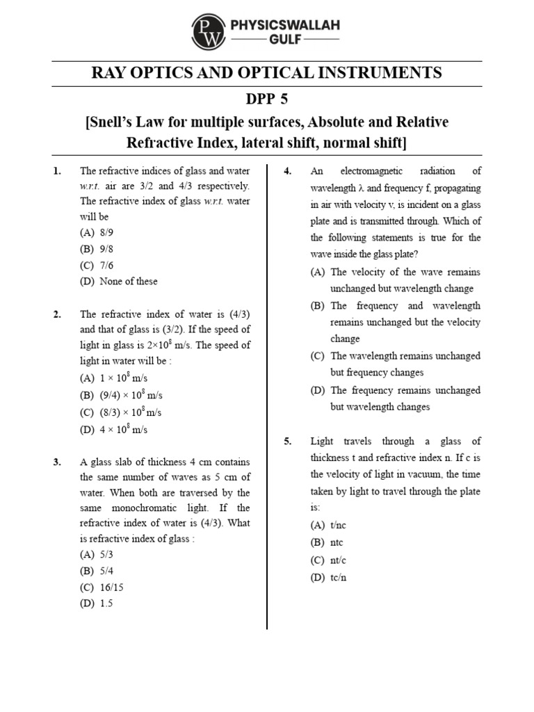 DPP-05_Snells Law for Multiple Surfaces, Absolute and Relative_Physics ...