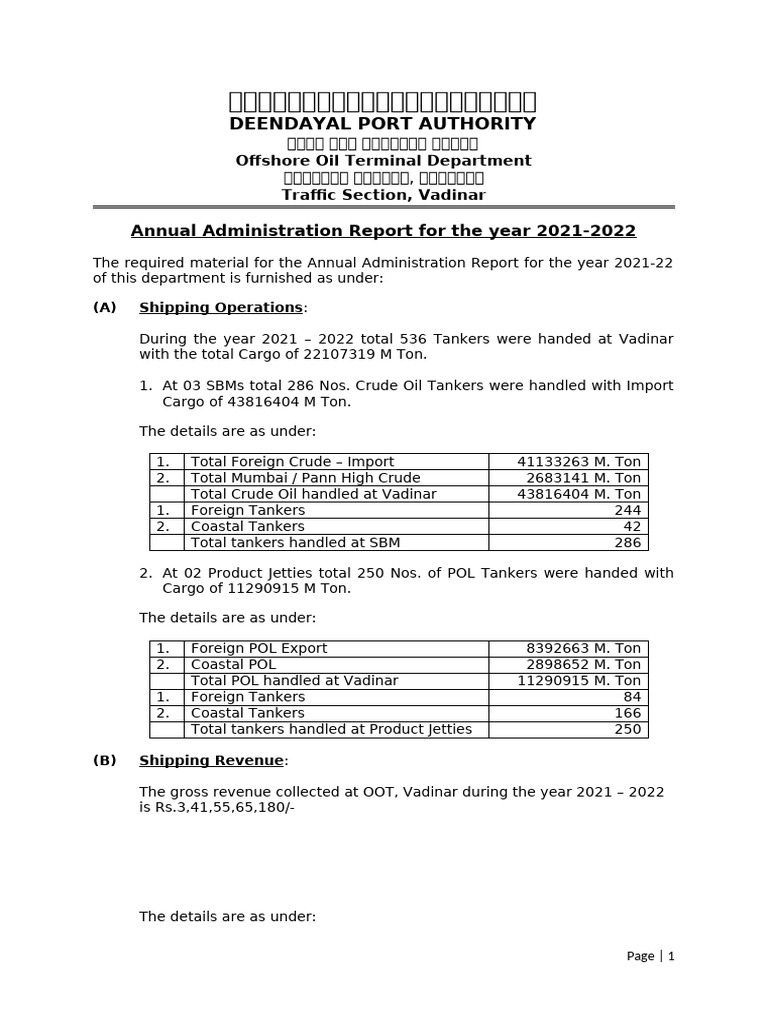Annual Admin Report 2021 2022 | PDF | Oil Tanker | Freight Transport