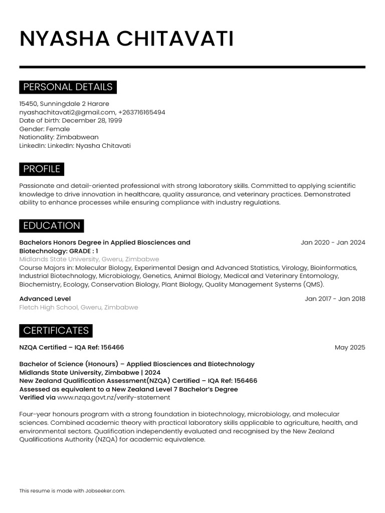 Nyasha Chitavati CV NZ PDF | PDF | Antimicrobial Resistance | Biotechnology
