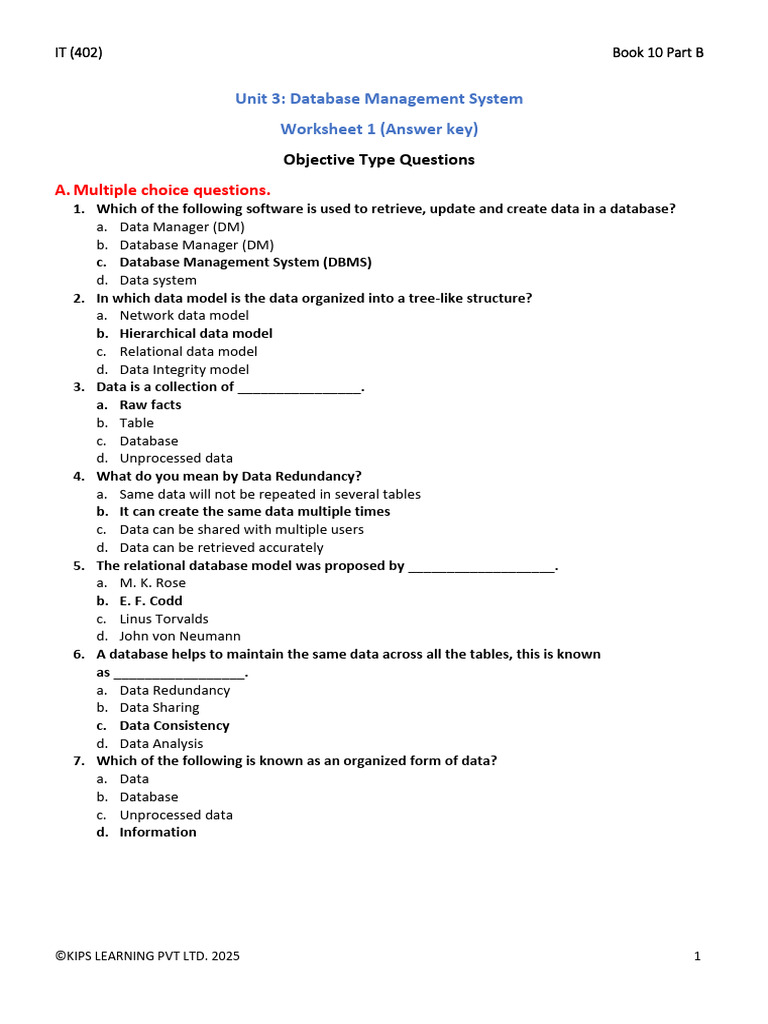 Database Management System MCQs & Answers | PDF | Databases | Table ...