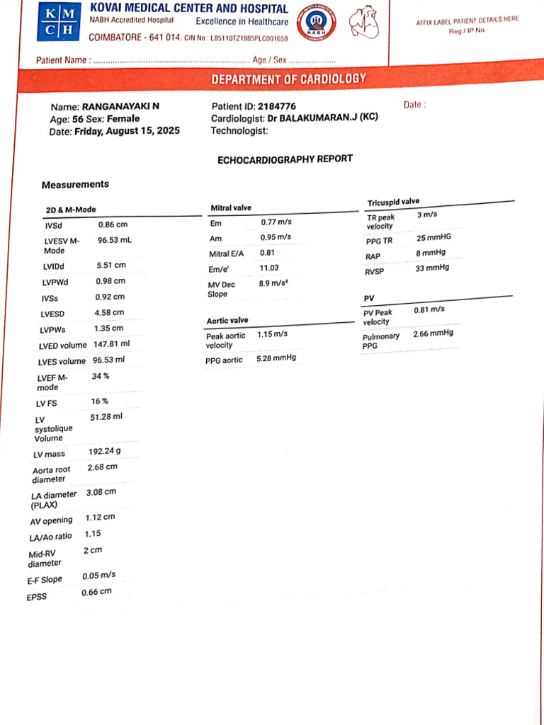 Cardio Report Ranganayaki | PDF