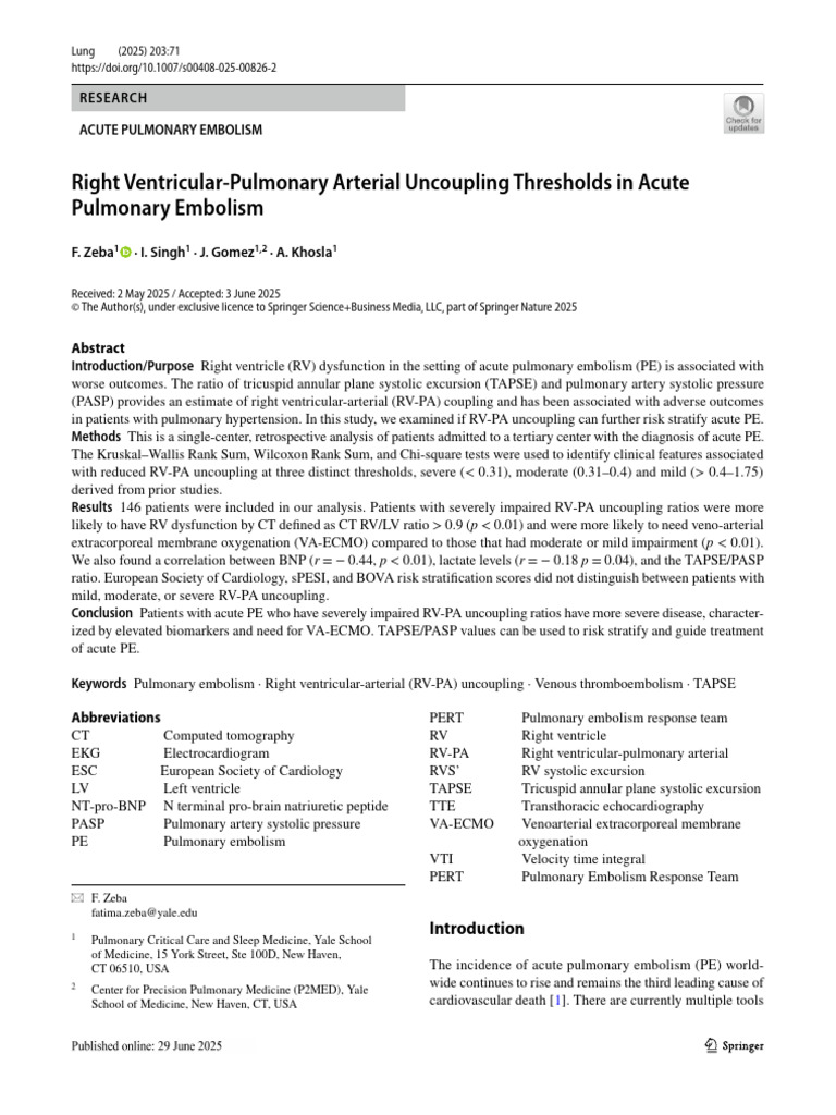 RV-PA Uncoupling in Acute Pulmonary Embolism | PDF | Blood Pressure ...