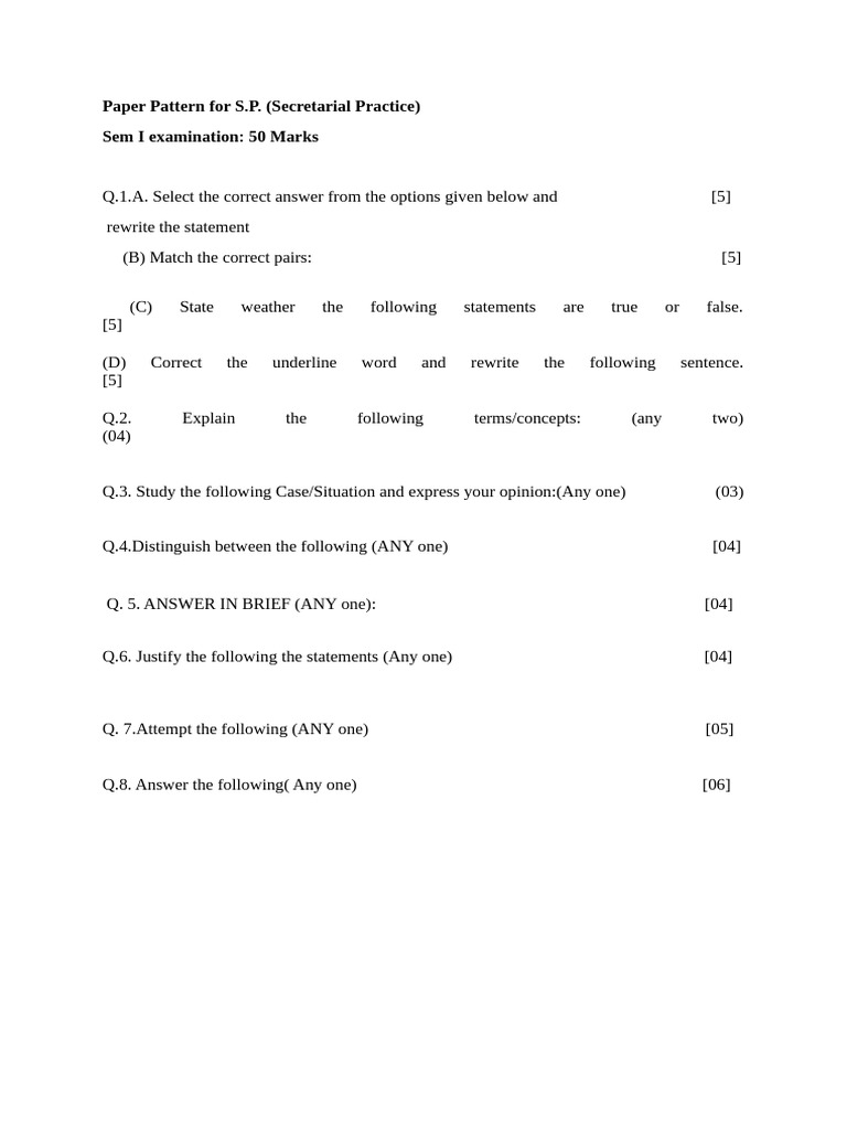 Paper Pattern For S.P. Subject | PDF