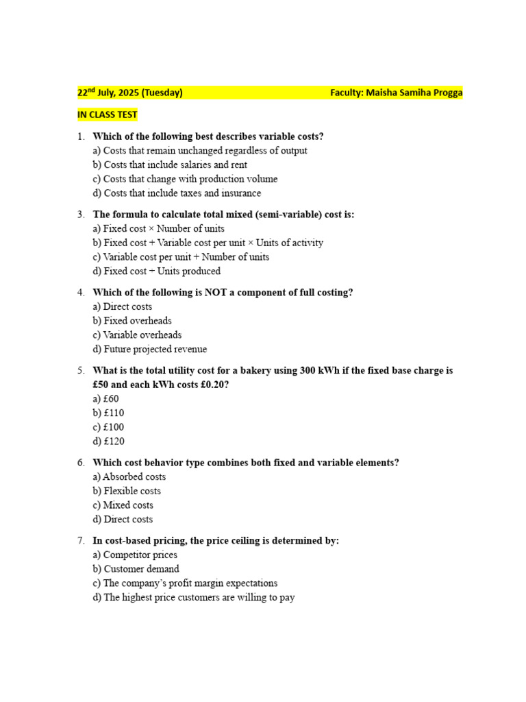 Introductory Accounting Test Paper | PDF | Prices | Pricing