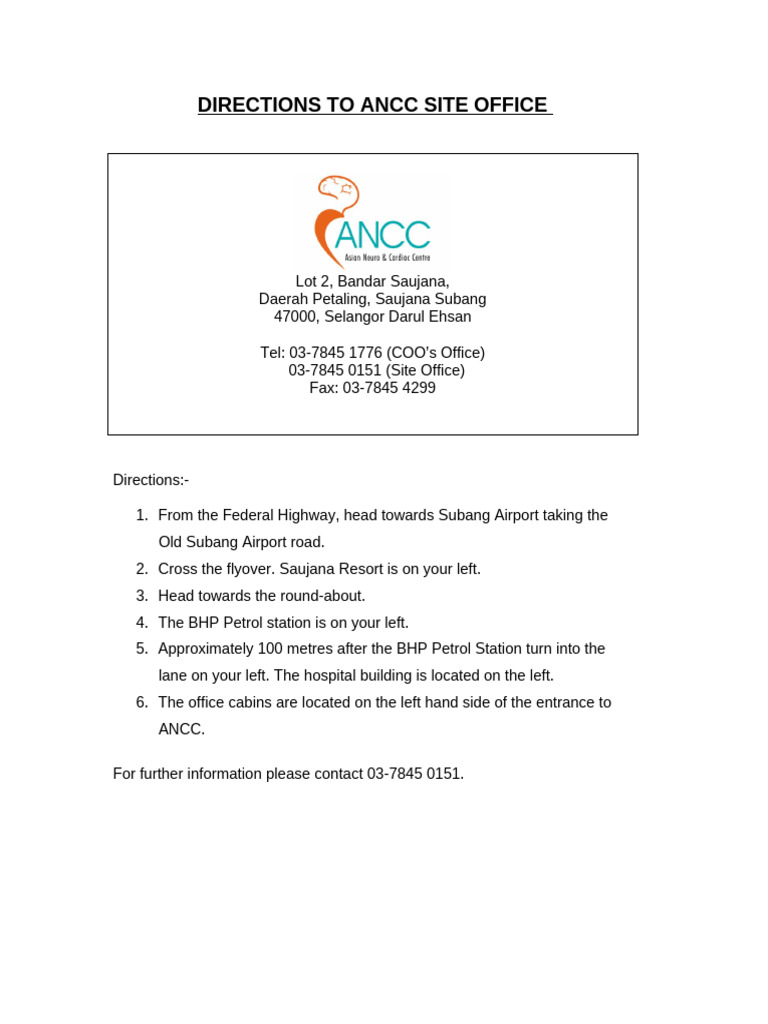 Directions To ANCC Site Office | PDF