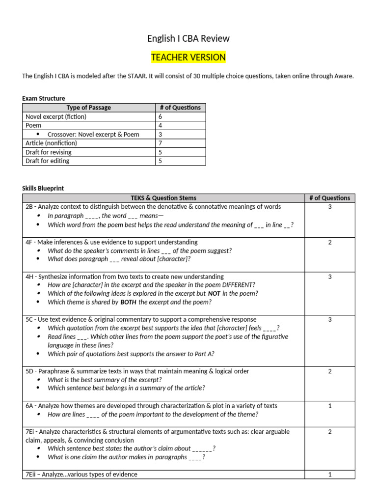 English I Fall Semester Exam Review 2024 - Teacher Version | PDF | Grammatical Number | Language ...
