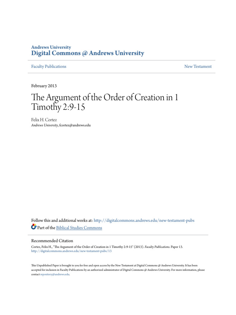 The Argument of The Order of Creation in 1 Timothy 2-9-15 | PDF | Paul ...