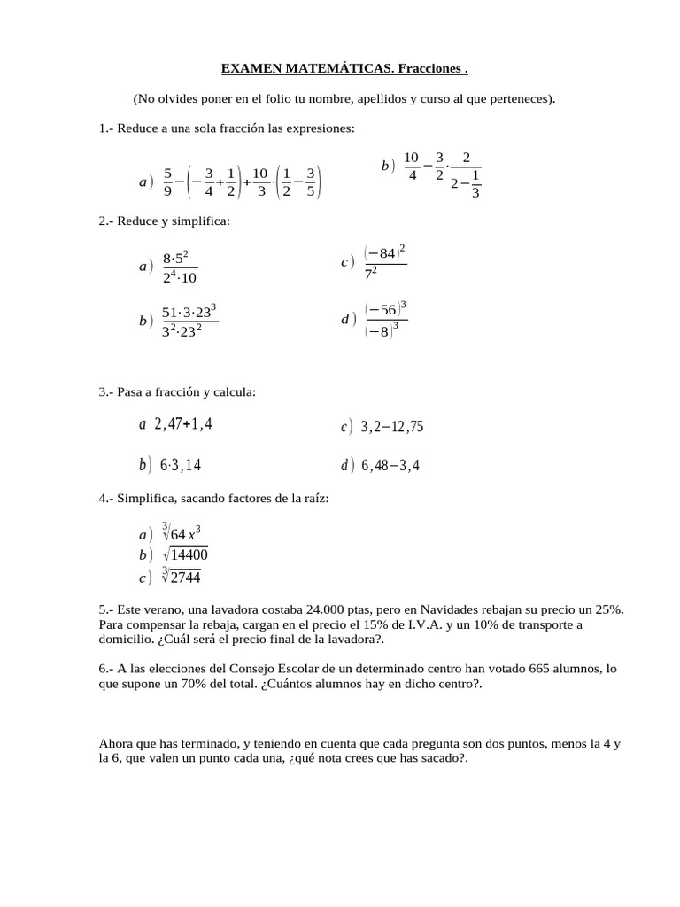 Examen de Matemáticas: Fracciones y Problemas | PDF