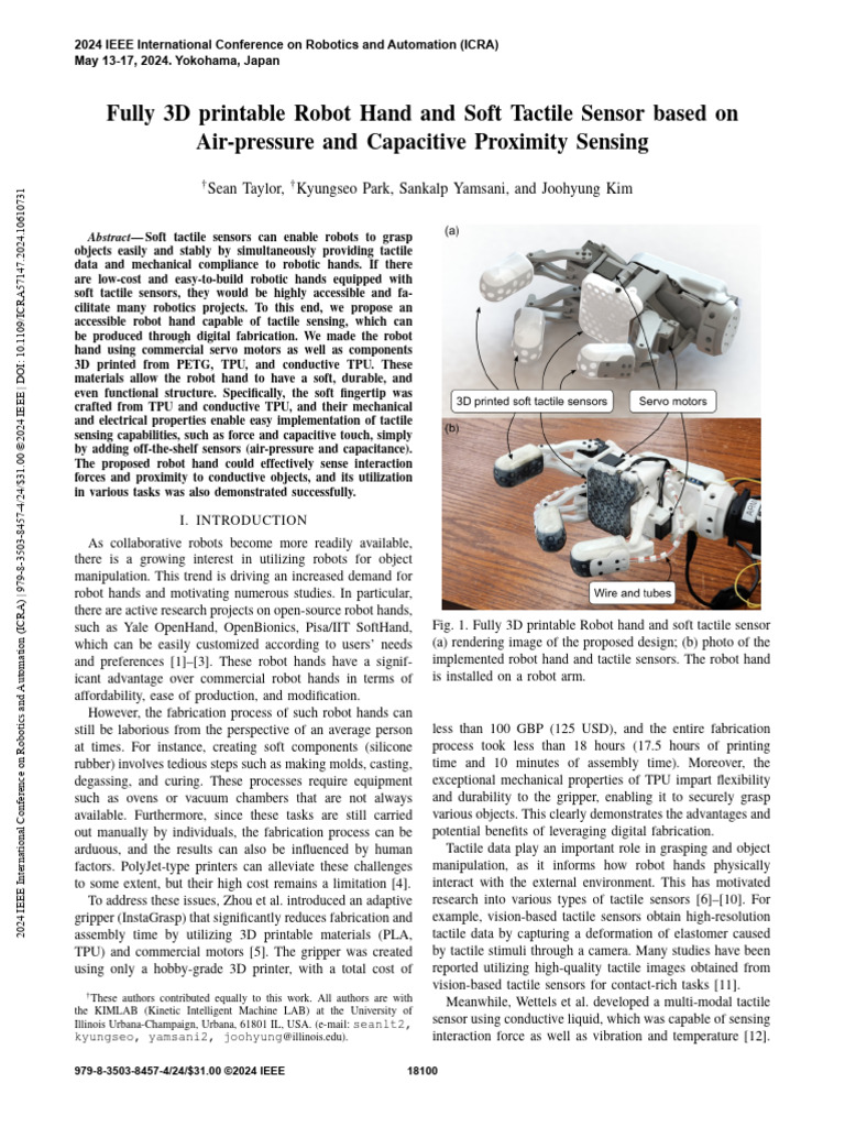 Fully 3D Printable Robot Hand and Soft Tactile Sensor Based on Air ...