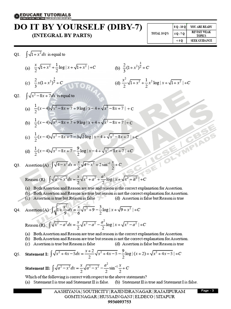Integral Calculus Practice Questions | PDF