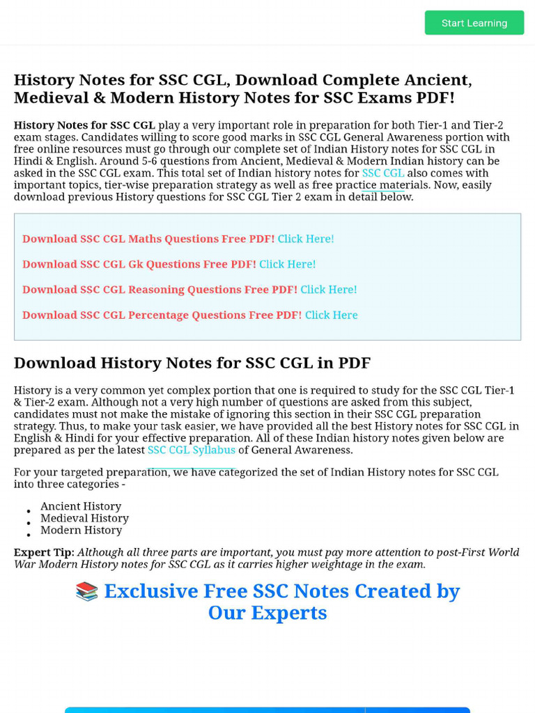 History Notes For SSC CGL, Download Complete Ancient, Medieval & Modern ...