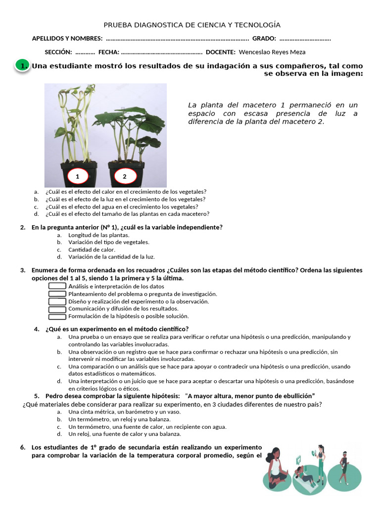 Prueba Diagnostica de Ciencia y Tecnología 2º | PDF | Hipótesis ...