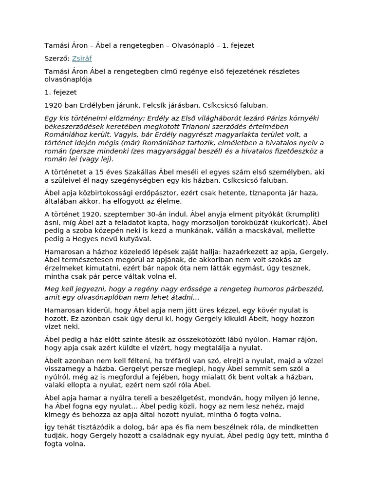 Tamási Áron Olvasó Napló Ábel a Rengetegben | PDF