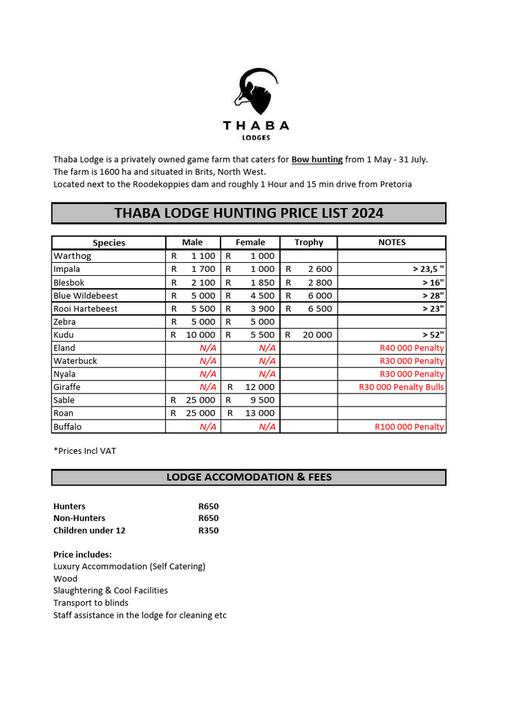 Thaba Lodge Bow Hunting Price List 2024 | PDF | Hunting | Wildlife
