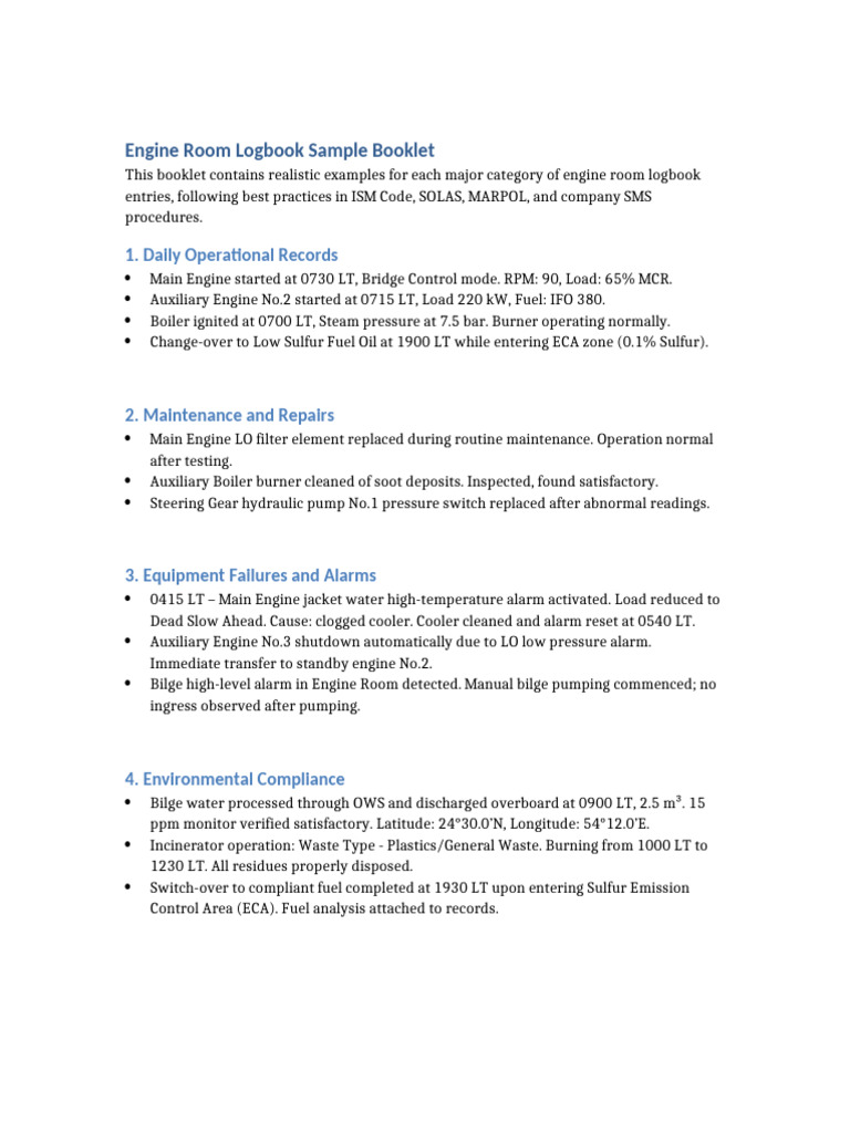 Engine Room Logbook Sample Booklet | PDF | Engines | Fuel Oil