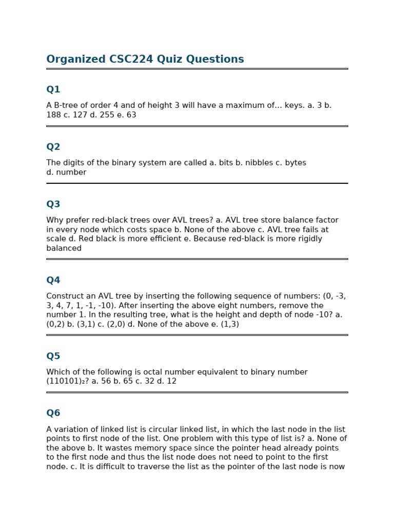 CSC224 Quiz Questions on Data Structures | PDF | Time Complexity ...