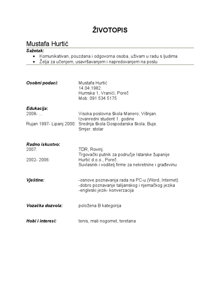 Primjer Životopisa | PDF