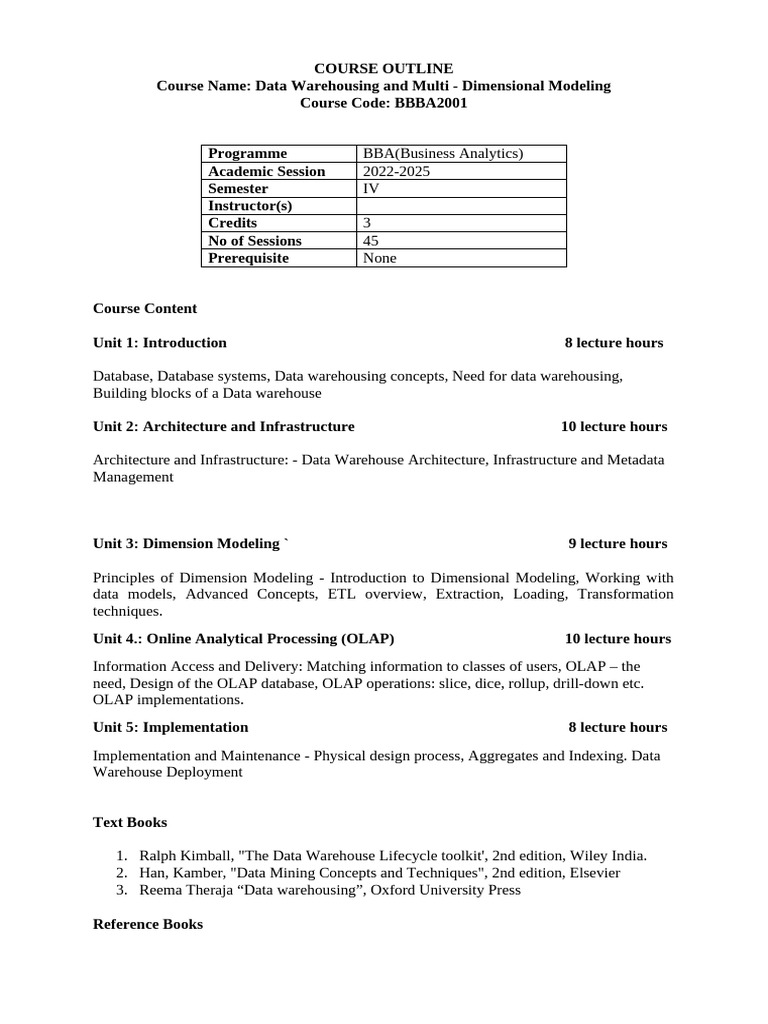 BBBA2001-Data Warehousing and Multidimensional Modeling - One Pager | PDF