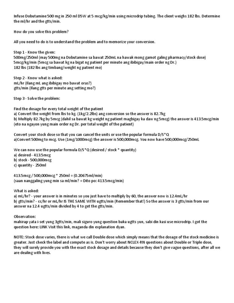 Dobutamine Dosage Calculation Guide | PDF | Dose (Biochemistry) | Chemistry