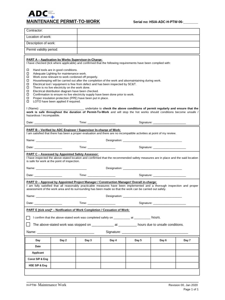 Maintenance Permit-to-Work Checklist | PDF | Safety | Occupational ...