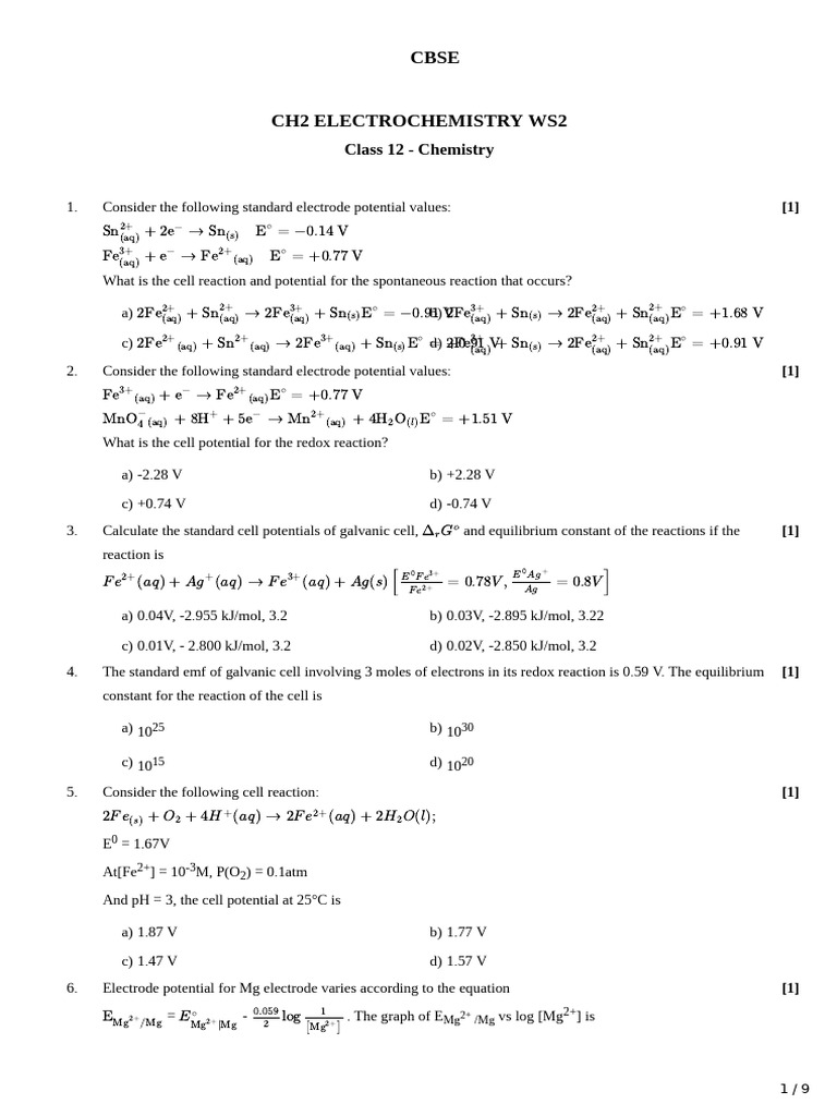 Electrochemistry Ws 2 PDF (Nernst Equation) | PDF | Electrochemistry | Chemical Equilibrium