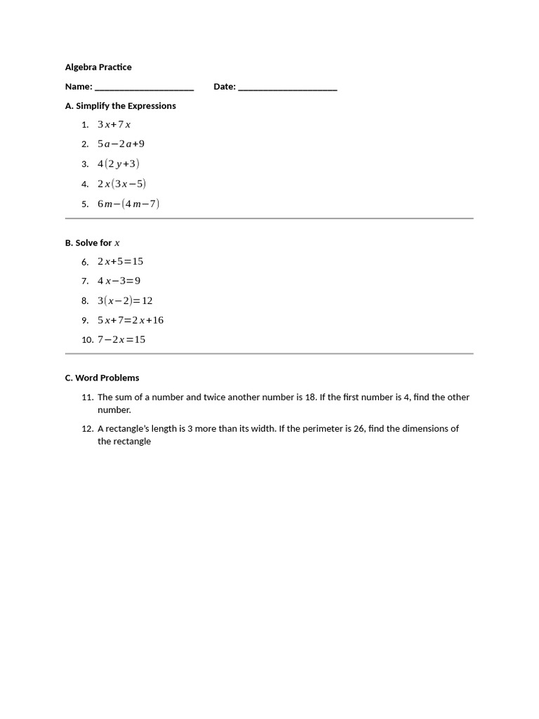 Algebra Practice Worksheets for Students | PDF