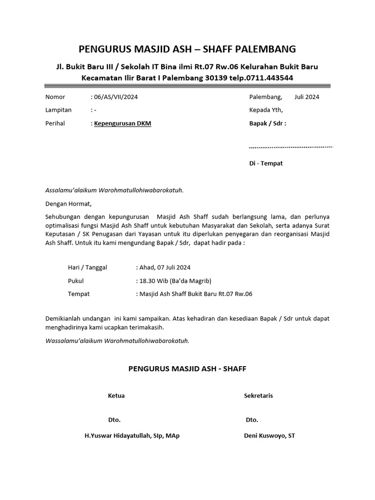 Undangan Reorganisasi DKM Masjid Ash Shaff | PDF