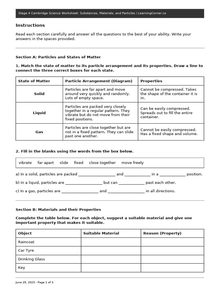 Learning Corner Worksheet 5455 | PDF | Liquids | Solid
