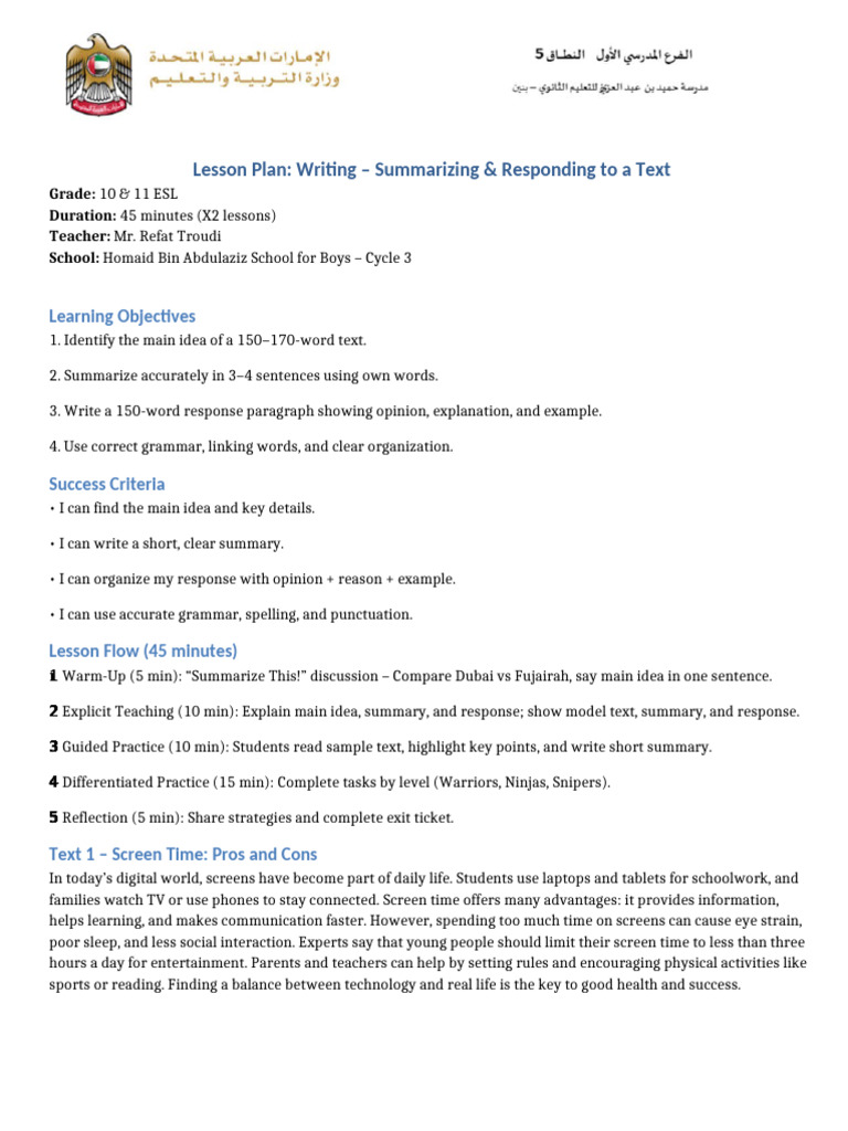 ESL Lesson Plan: Summarizing Texts | PDF