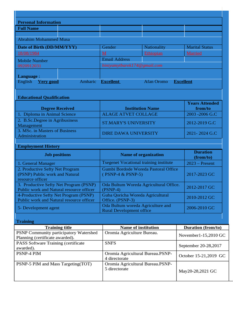 Biniyam CV Mercy Corps - Biniyam Yitbarek | PDF
