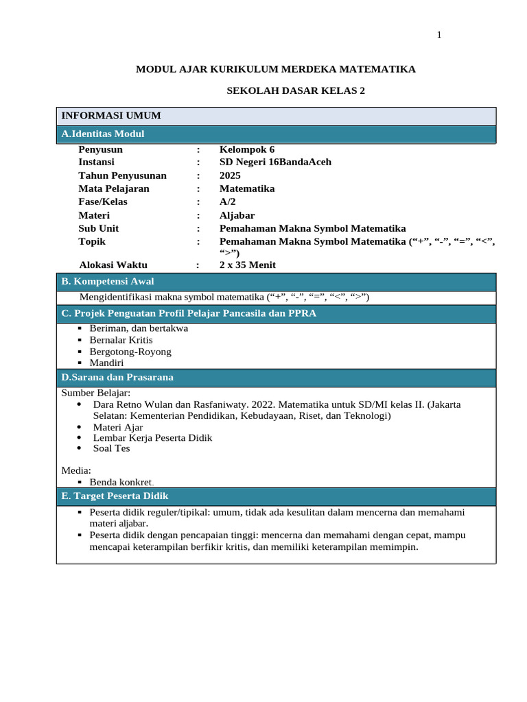 Modul Ajar Simbol Matematika Kelas 2 | PDF