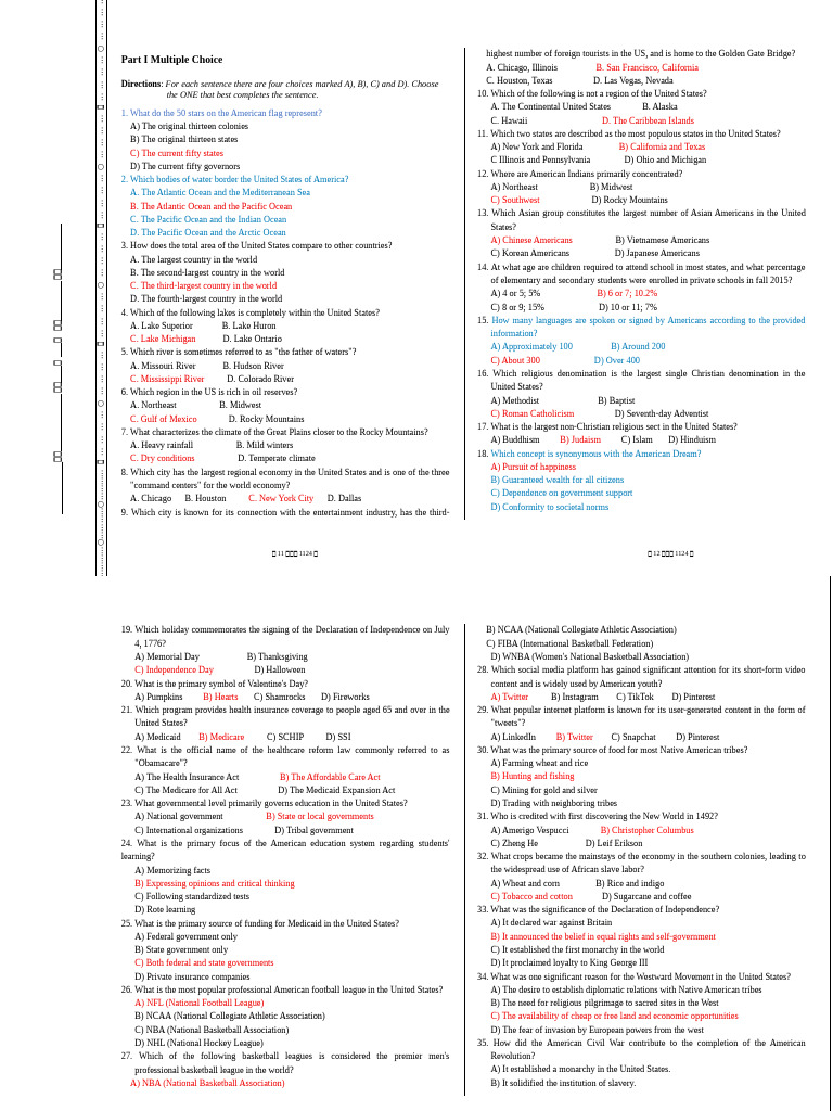 US Geography and History Quiz Questions | PDF | The United States ...
