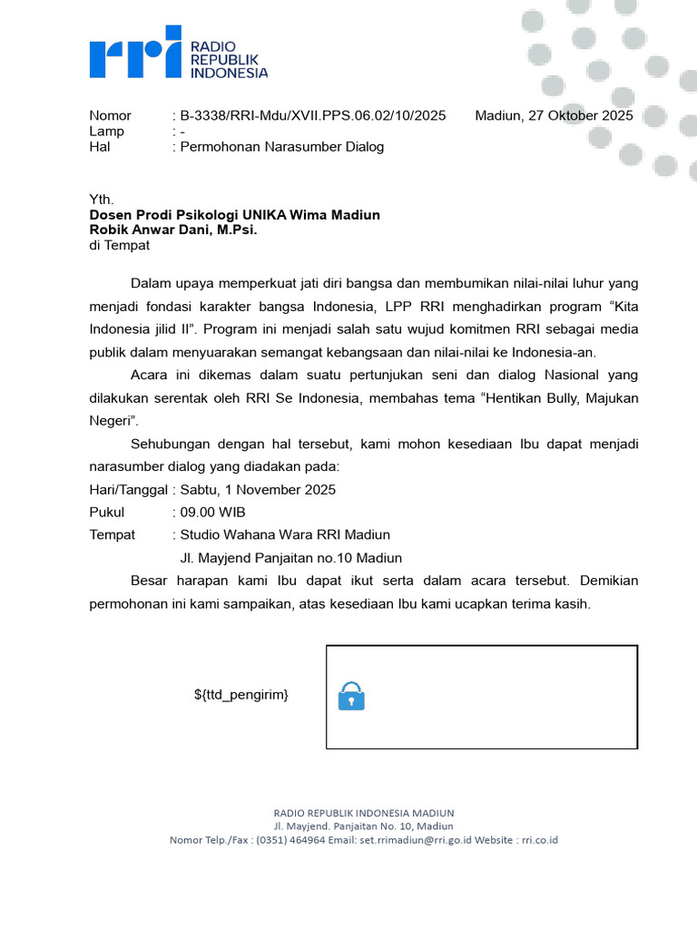 Permohonan Narasumber Dialog RRI Madiun | PDF