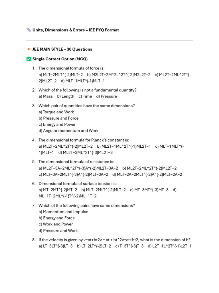 JEE Units & Dimensions MCQs Guide | PDF | Force | Mechanics
