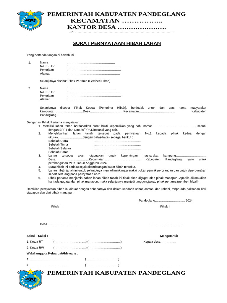 Surat Hibah Tanah untuk MCK Pandeglang | PDF