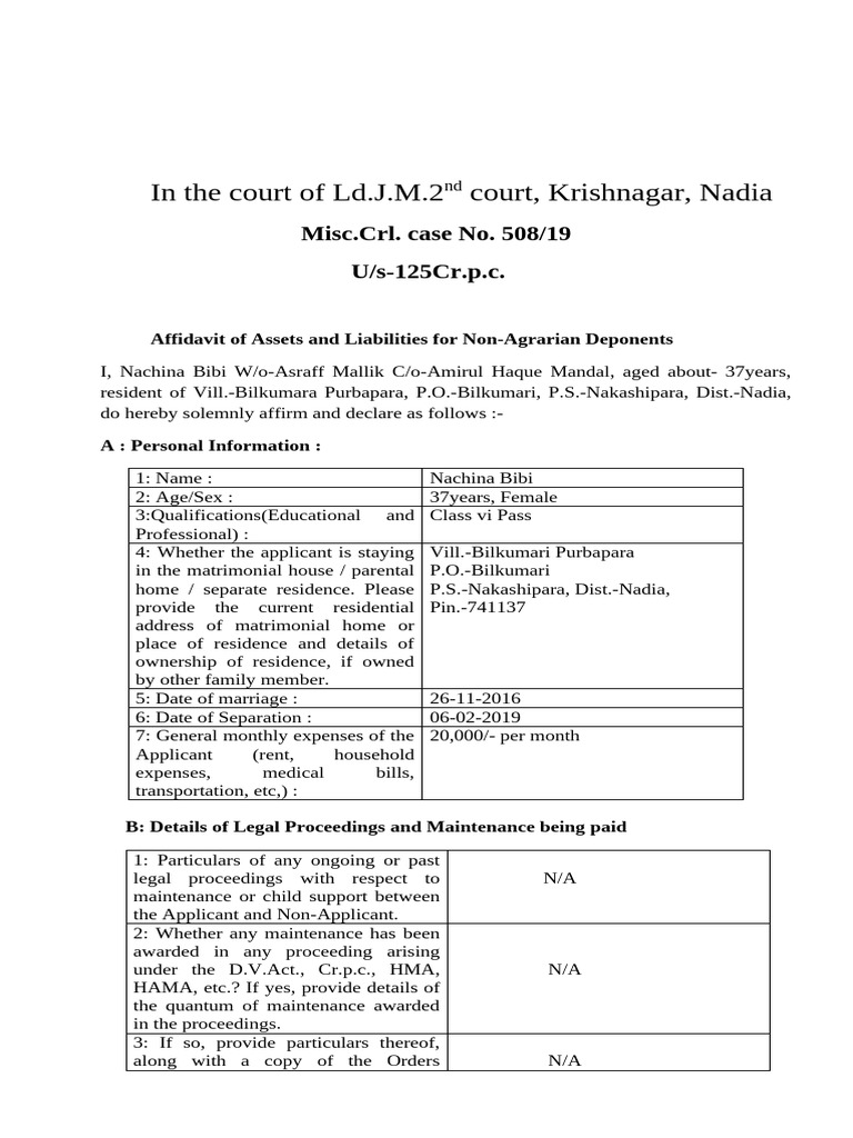 Affidavit of 125 Cr.p.c. Nachina Bibi | PDF | Expense | Affidavit
