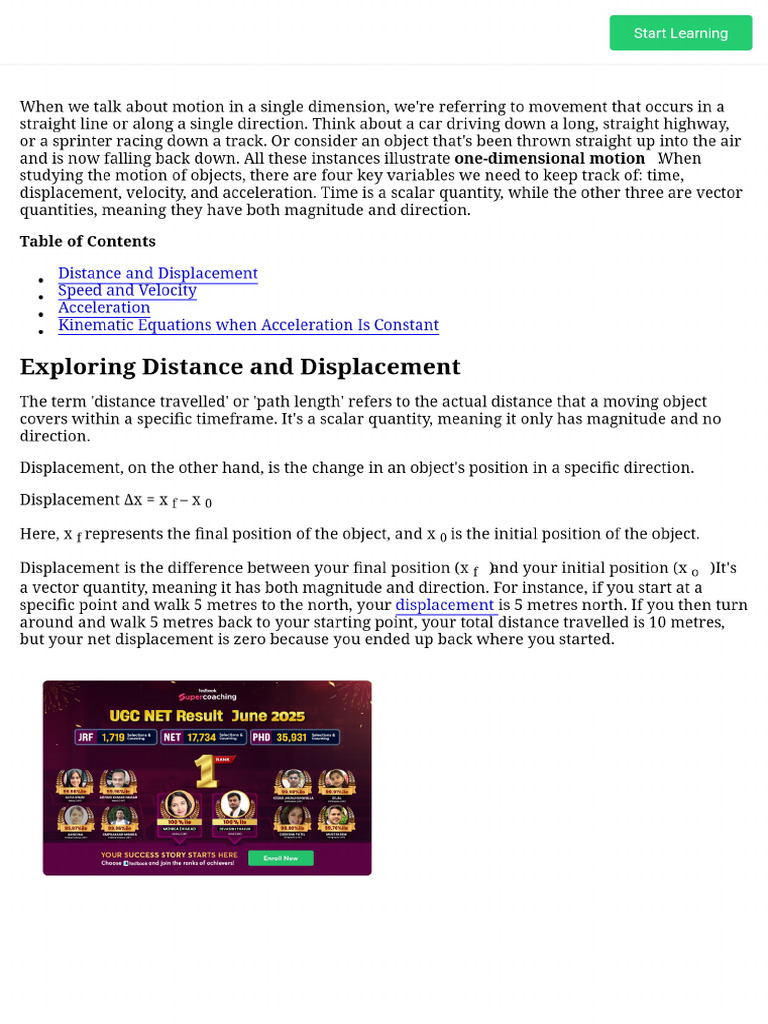 Motion in One Dimension - Concepts, Formulas & FAQs | PDF