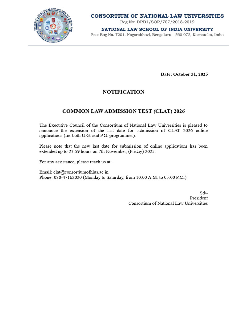 CLAT 2026 Registration Deadline Extended | PDF