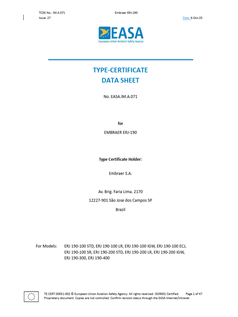 Embraer ERJ-190 Type Certificate Data Sheet | PDF | Aviation ...