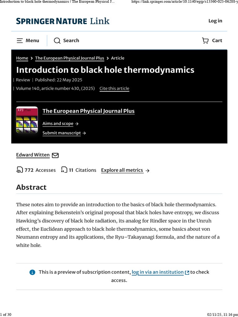 Introduction To Black Hole Thermodynamics - The European Physical ...