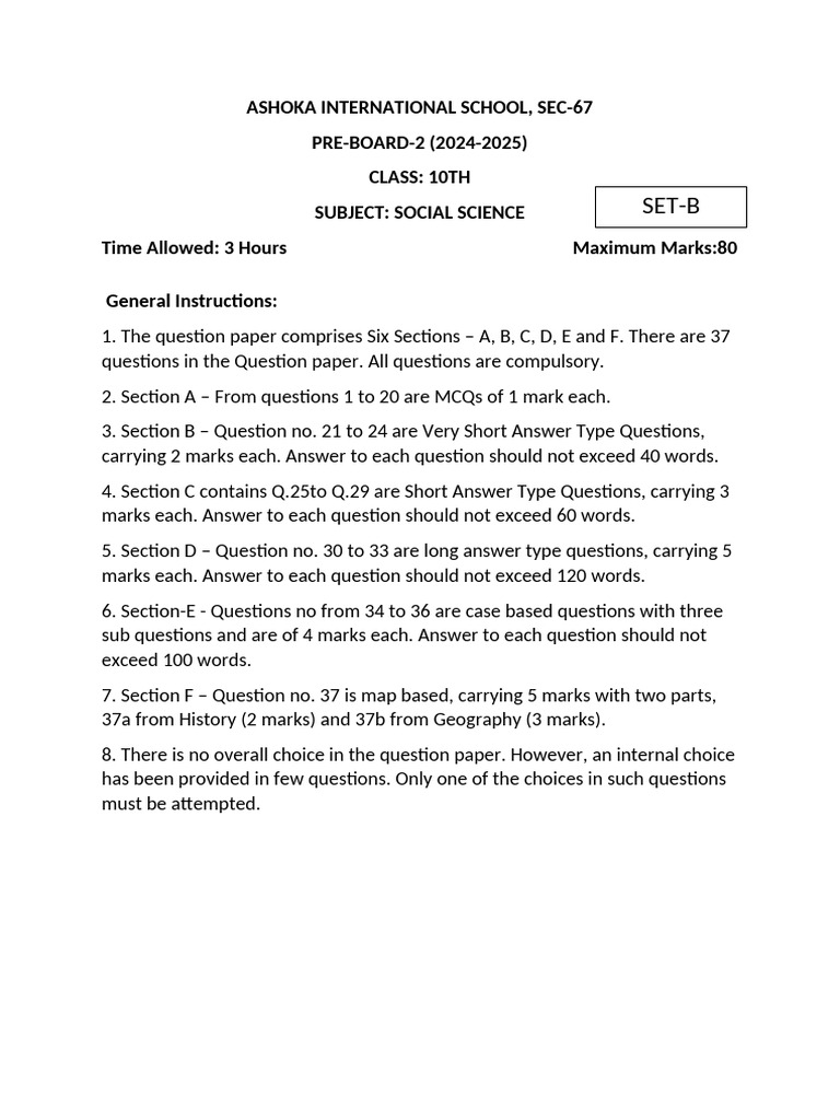 Class 10th SST Pre-Board 2 (Set-B) 2024-2025 | PDF | Air Pollution ...