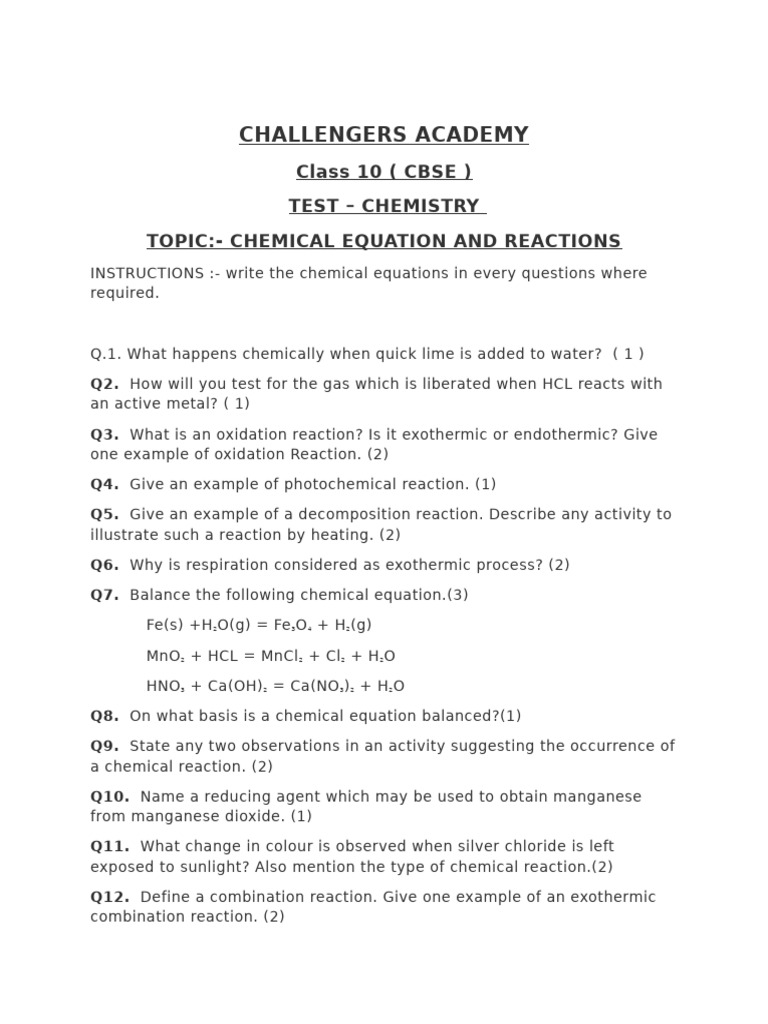 Test Chemistry Class 10 | PDF
