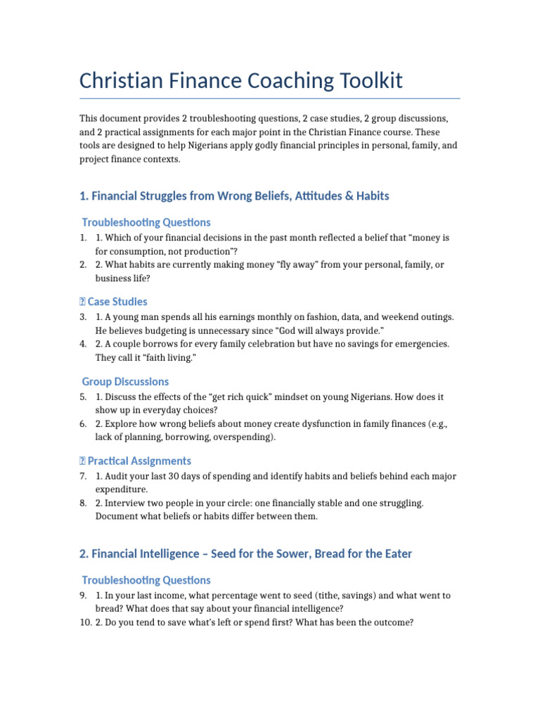 Christian Finance Coaching Toolkit | PDF | Economies