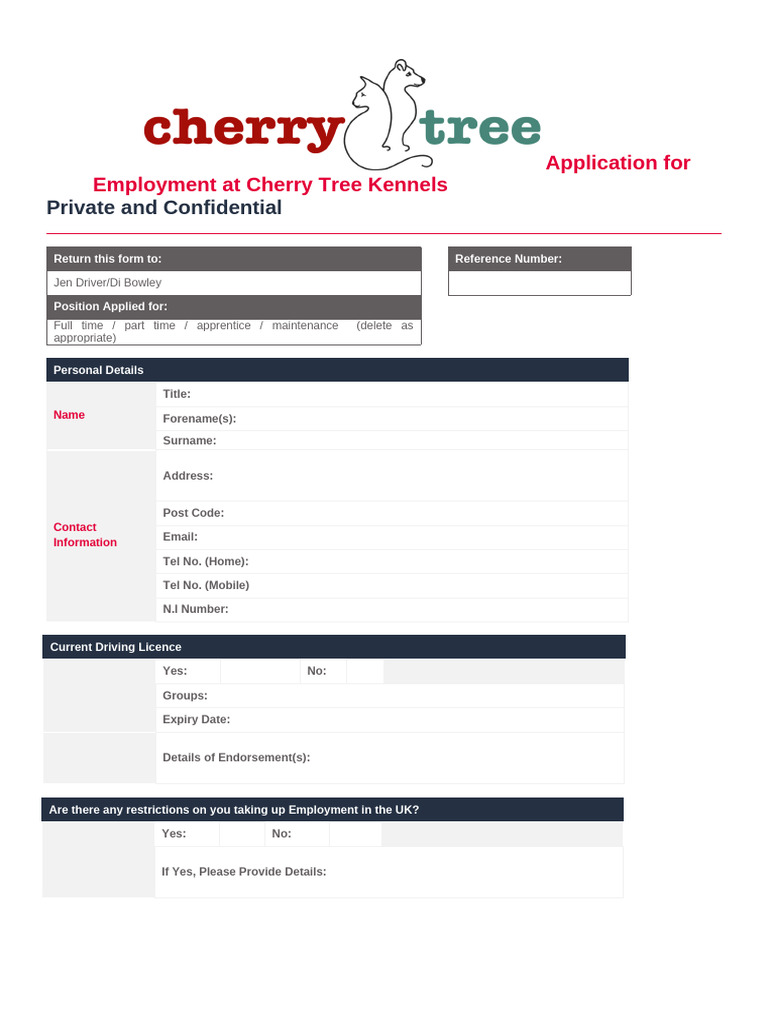 Application For Employment at Cherry Tree Kennels | PDF | Human ...