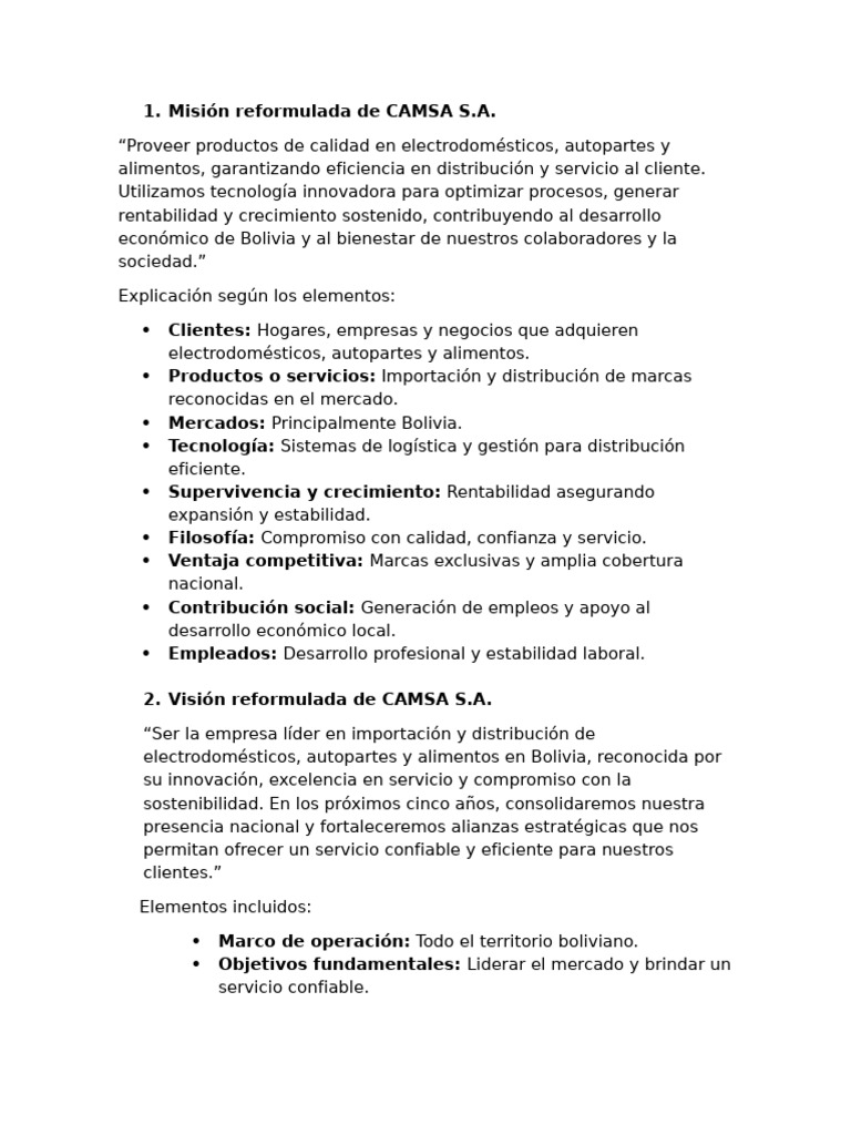 Misión y visión de CAMSA S.A. en Bolivia | PDF | Logística | Business