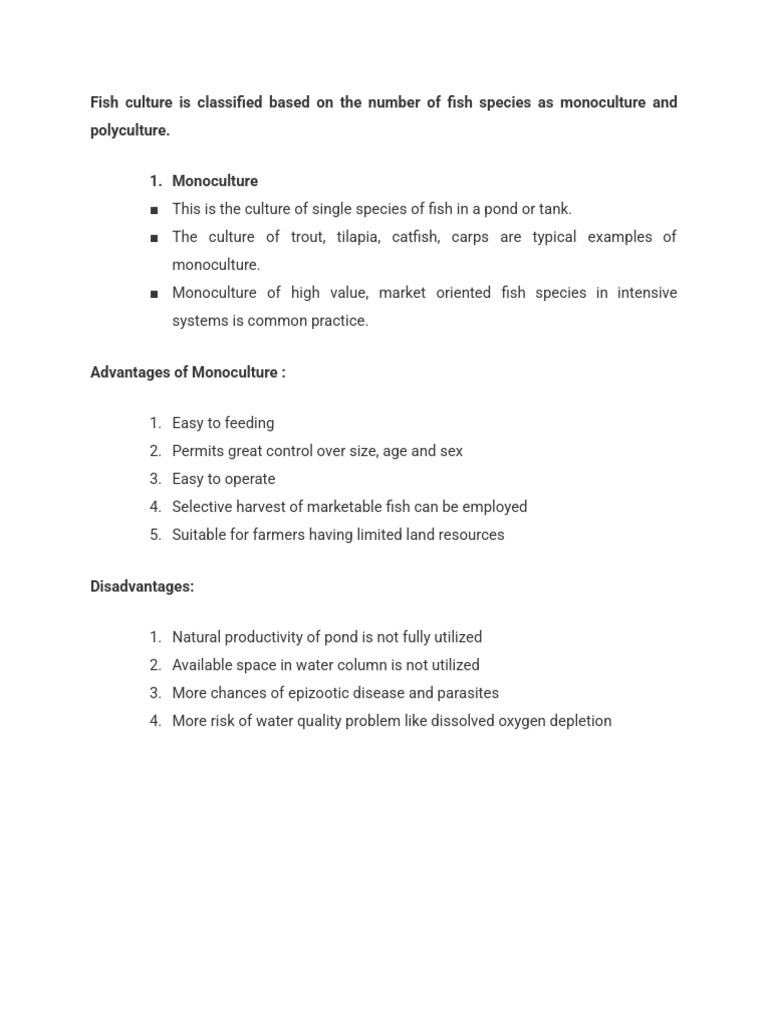 Monoculture Fish Farming Overview | PDF | Plankton | Pond