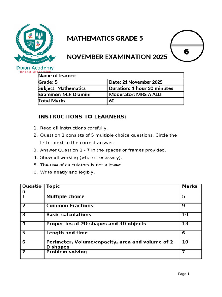 Grade 5 Term 4 Maths Exam Paper | PDF | Volume | Area