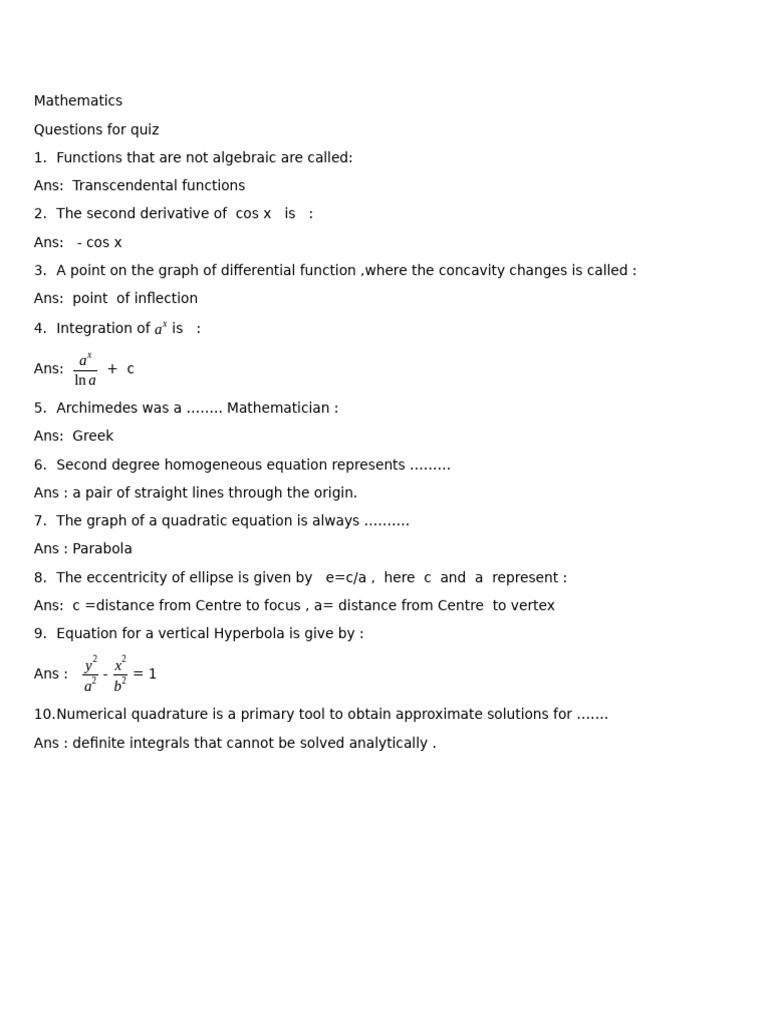 Mathematics Quiz | PDF