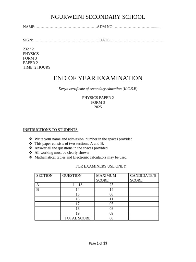 Form 3 Physics End Year Exam 2025 | PDF | Waves | Refraction